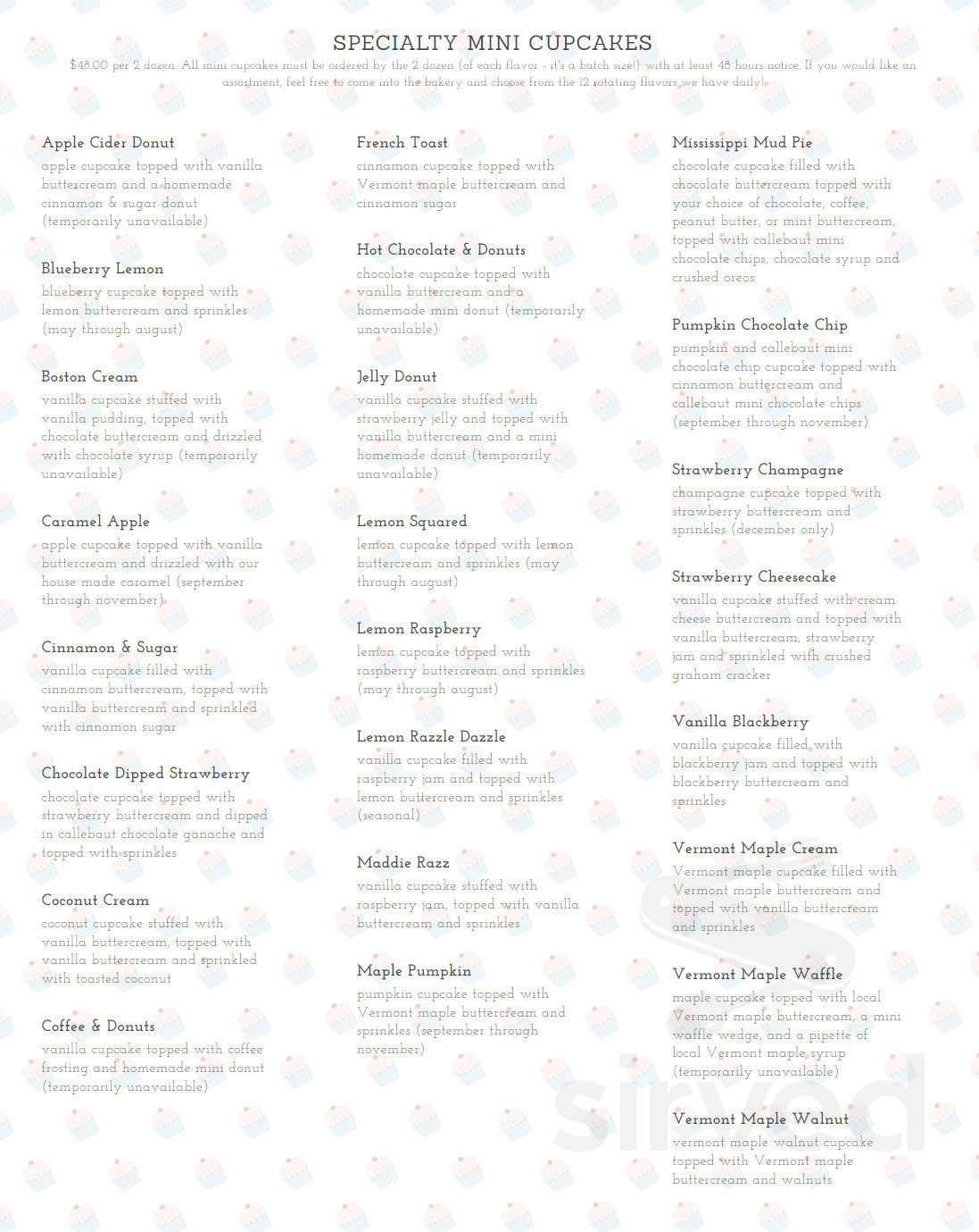 My Little Cupcake menu in Burlington, Vermont, USA