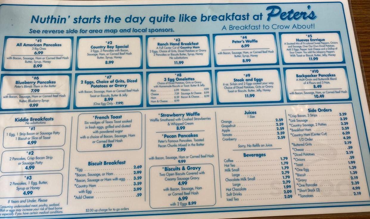 Menu for Peter's Pancakes & Waffles in Cherokee, NC | Sirved
