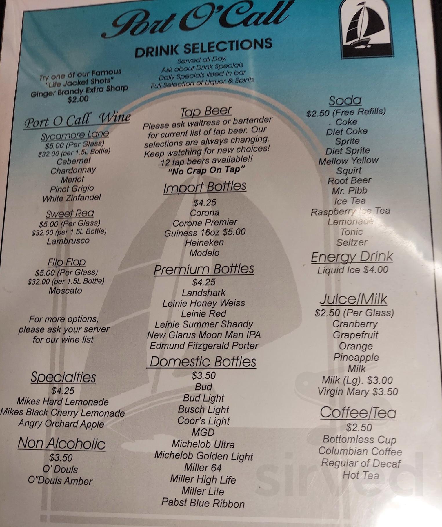 Port O'Call menu in Kewaunee, Wisconsin, USA