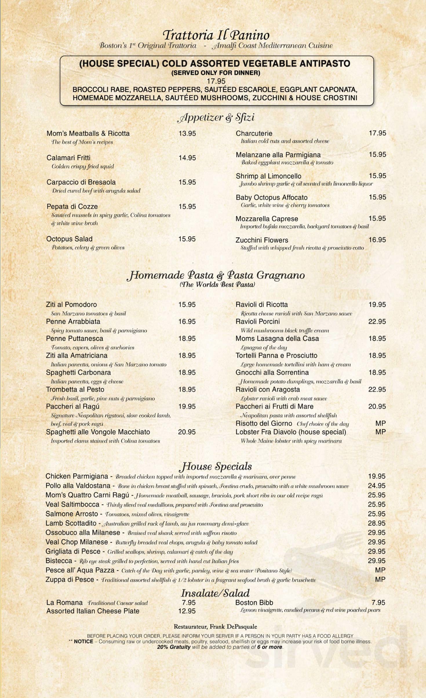 Trattoria Il Panino menu in Boston, Massachusetts, USA