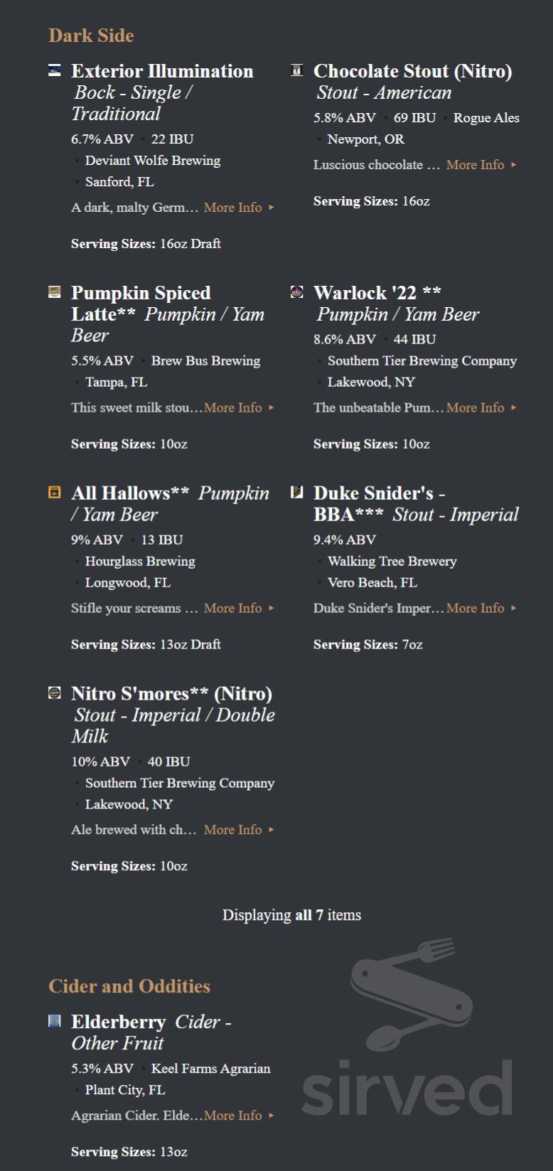 Brü Tap House menu in Tavares, Florida, USA