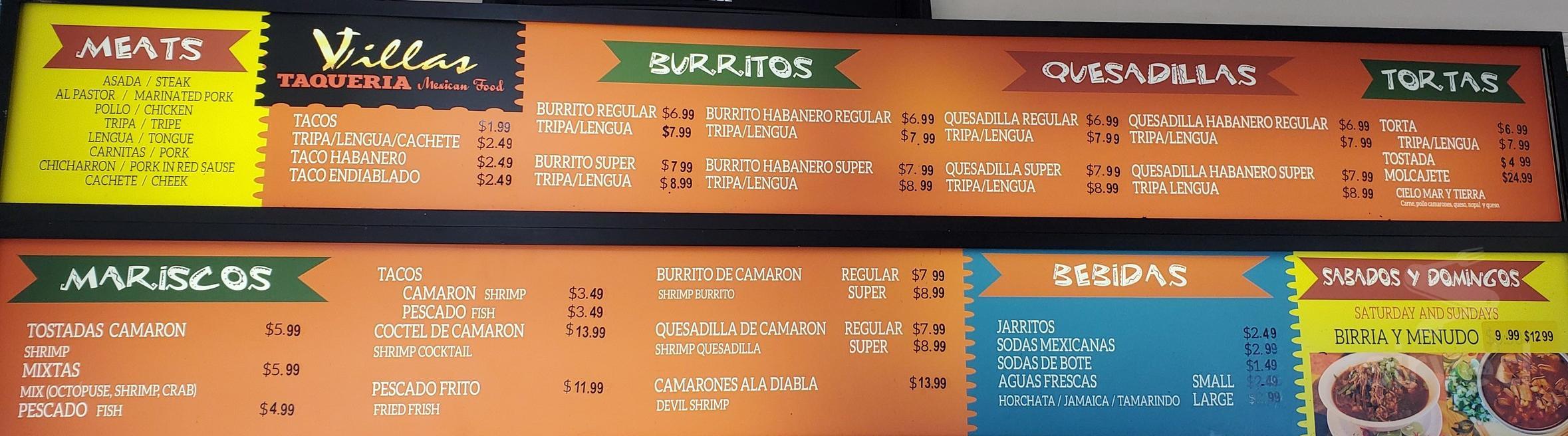 Menu for Villas Taqueria Mexican Food in Los Banos, CA | Sirved