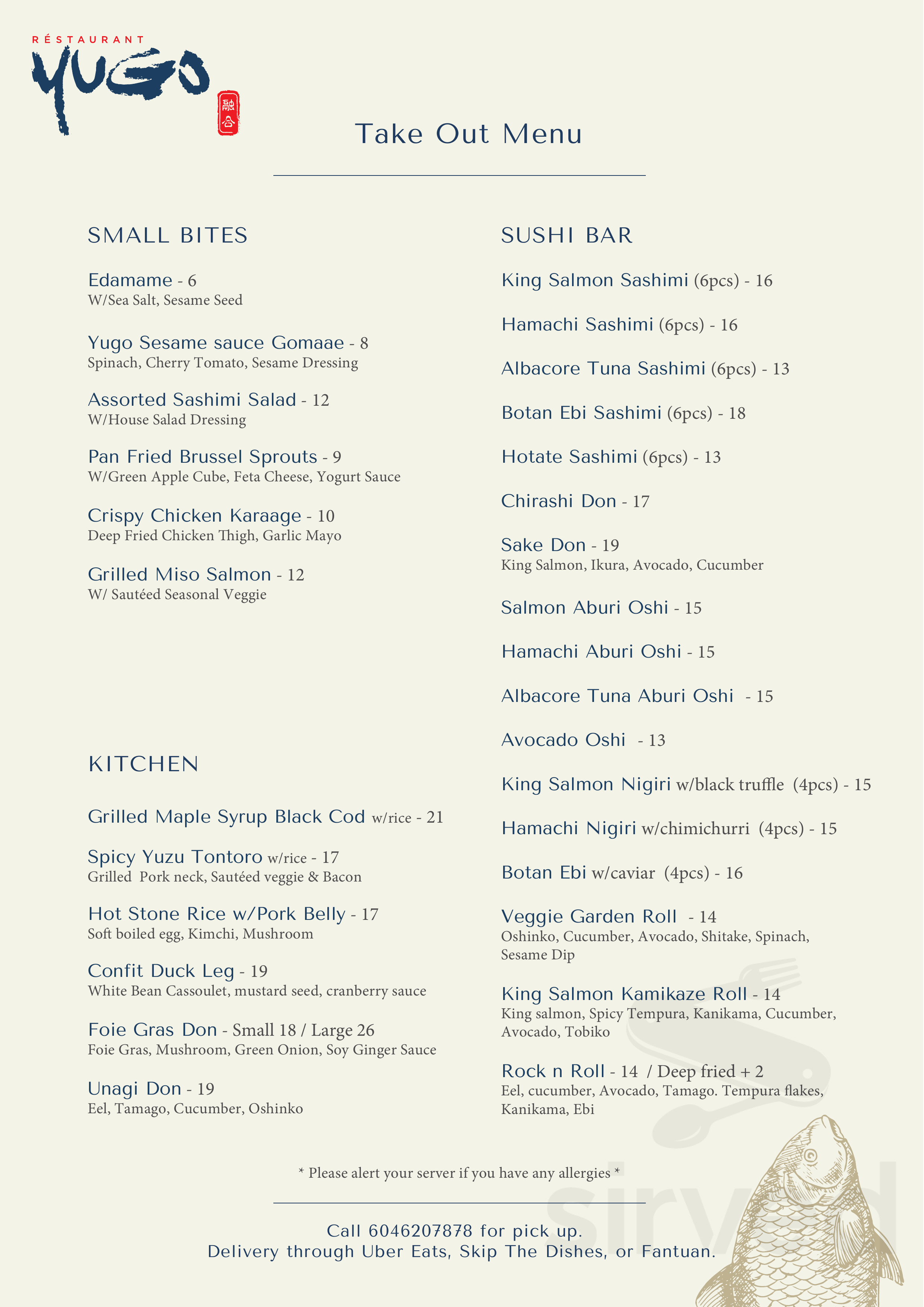 Kitchen By Yugo menu in Vancouver, British Columbia, Canada