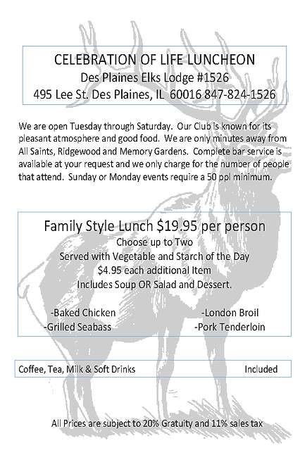 Des Plaines Elks Lodge menu in Des Plaines, Illinois, USA