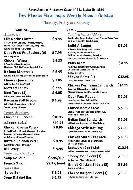 Des Plaines Elks Lodge menu in Des Plaines, Illinois, USA