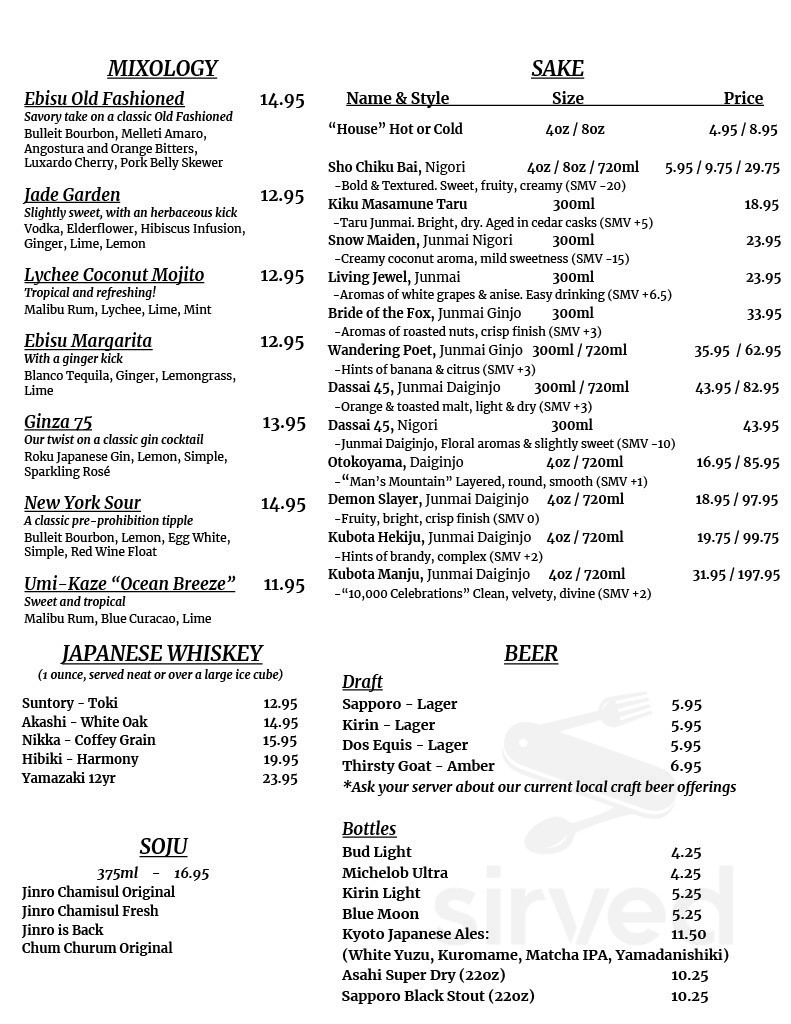 Menu for Ebisu Japanese Restaurant in Austin, Texas, United States
