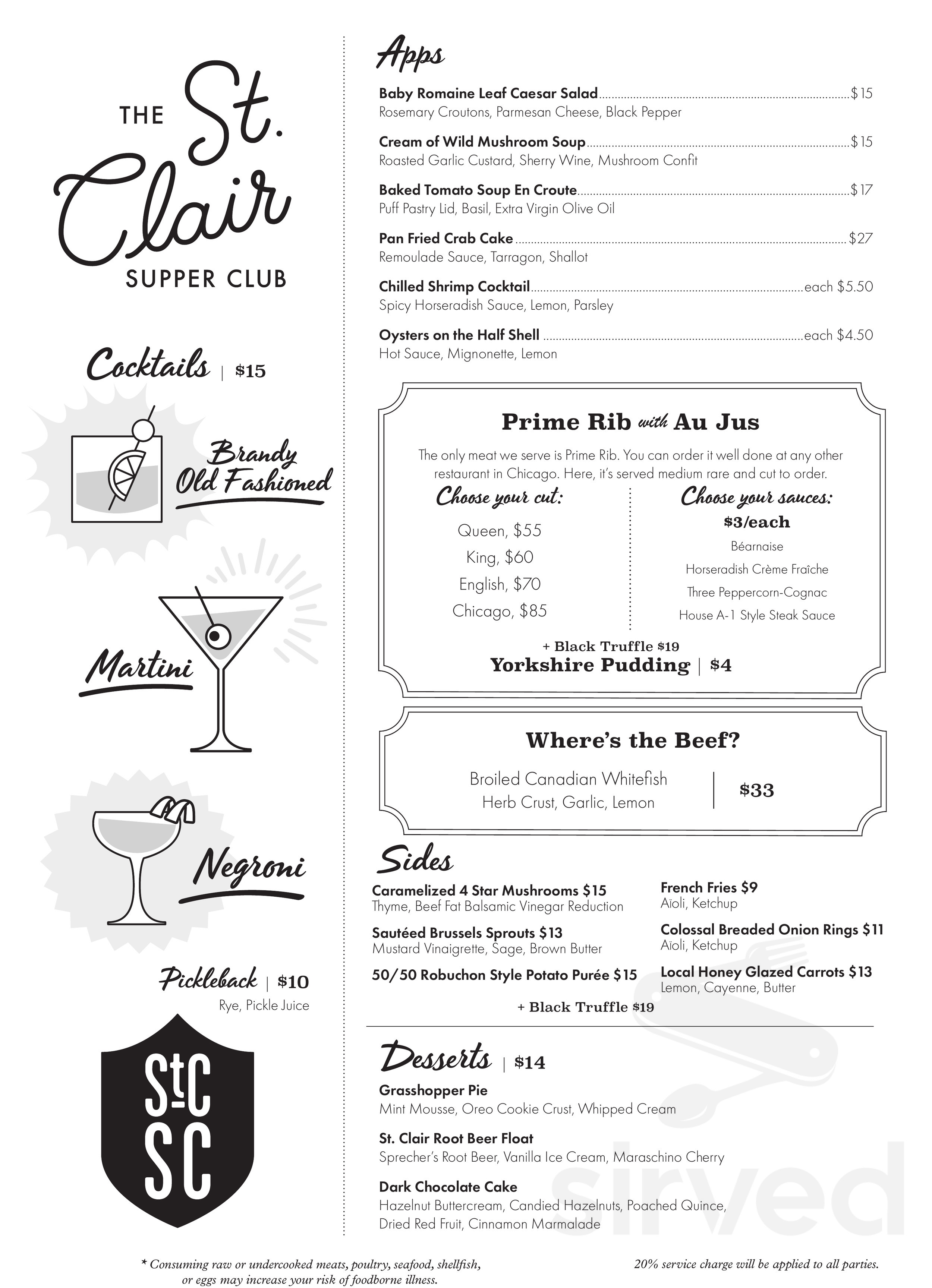 Menu for St. Clair Supper Club in Chicago, IL | Sirved