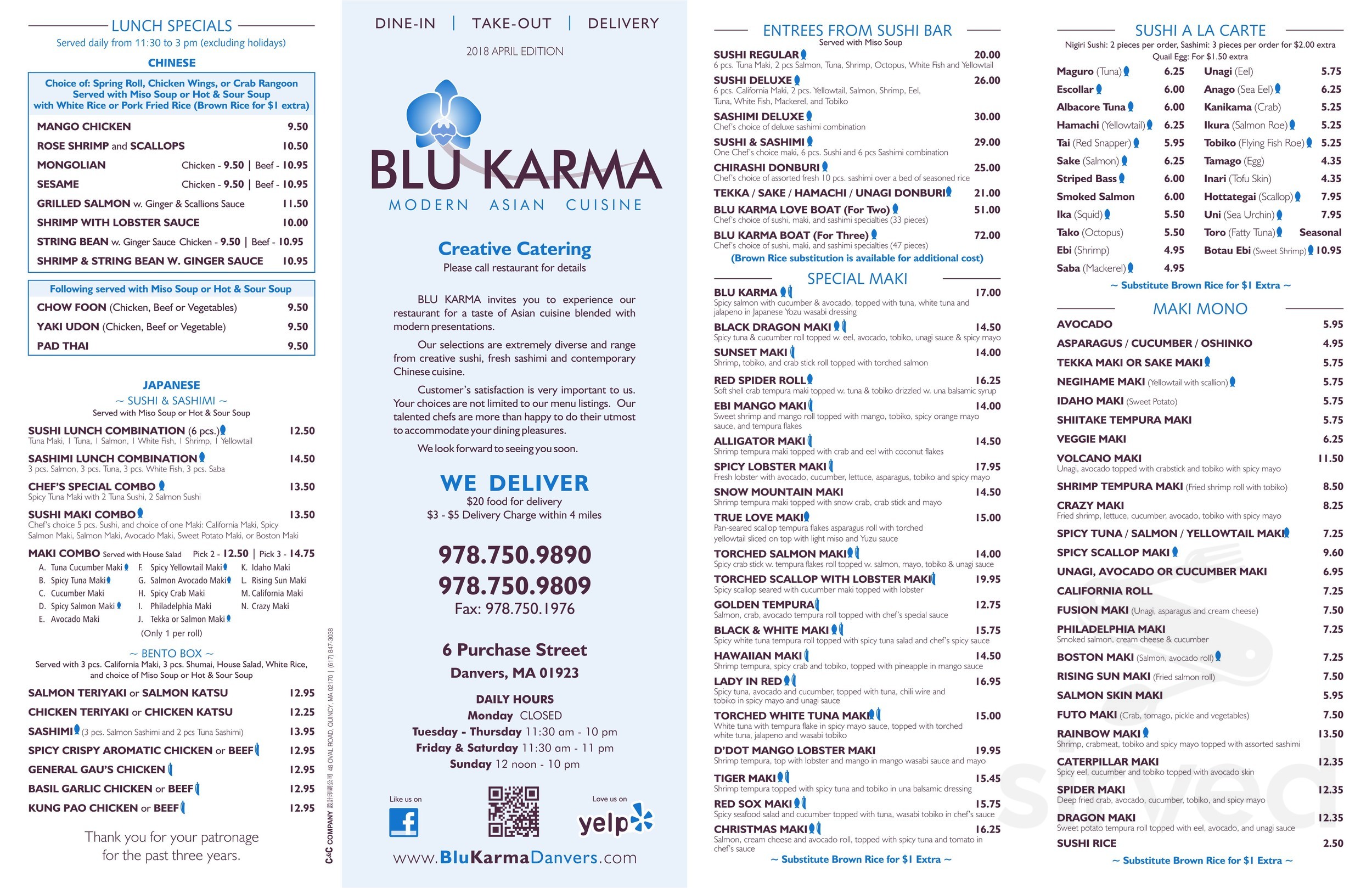 Blu Karma menu in Danvers, Massachusetts, USA