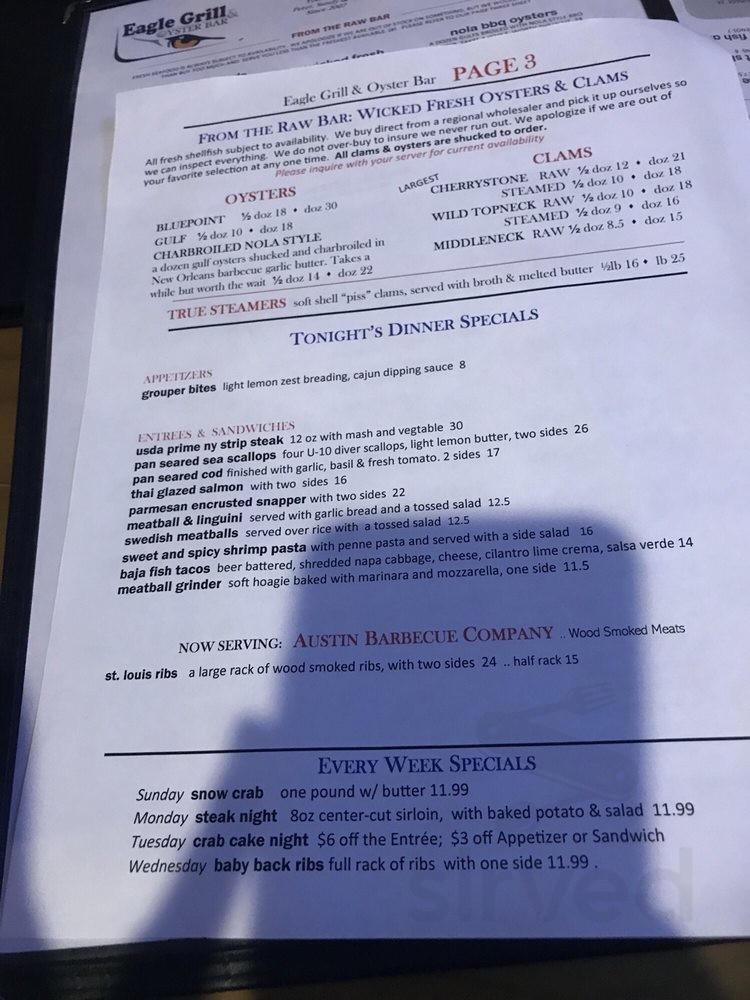 Menu for Eagle Grill & Oyster Bar in Greenacres, FL | Sirved
