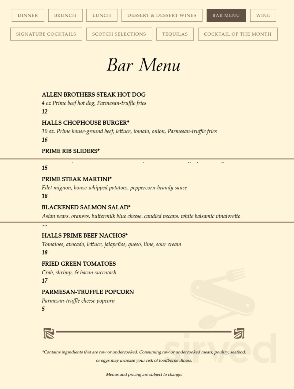 Menu for Halls Chophouse Columbia in Columbia, SC | Sirved