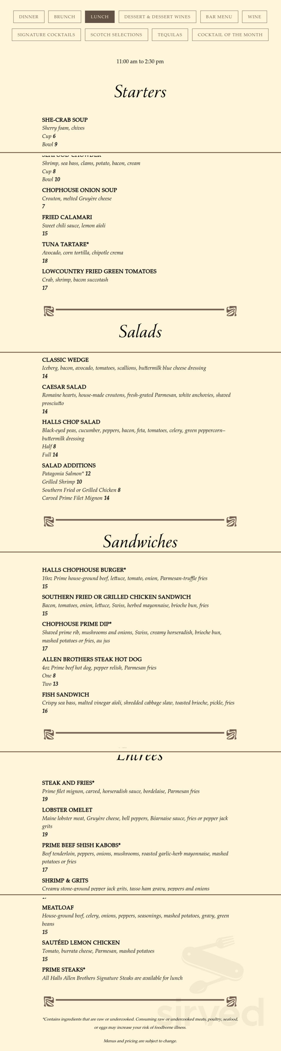 Halls Chophouse Columbia menu in Columbia, South Carolina, USA
