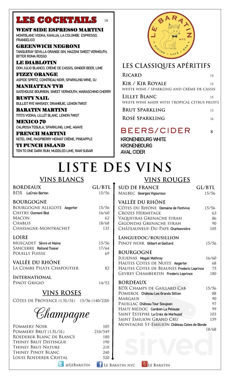 Le Baratin menu in New York, New York, USA