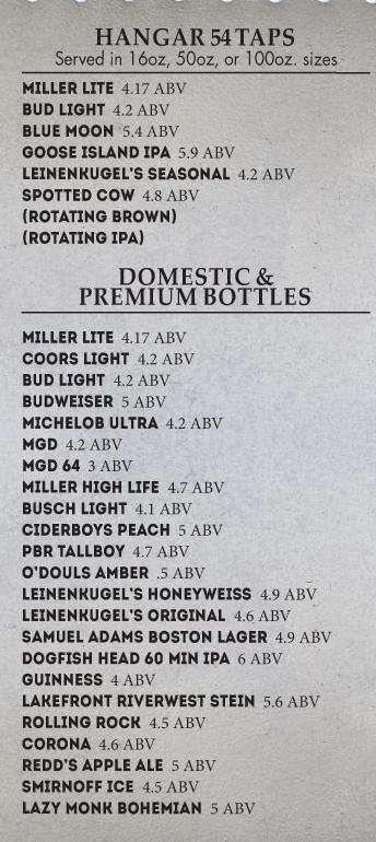 Hangar 54 Grill menu in Eau Claire, Wisconsin, USA