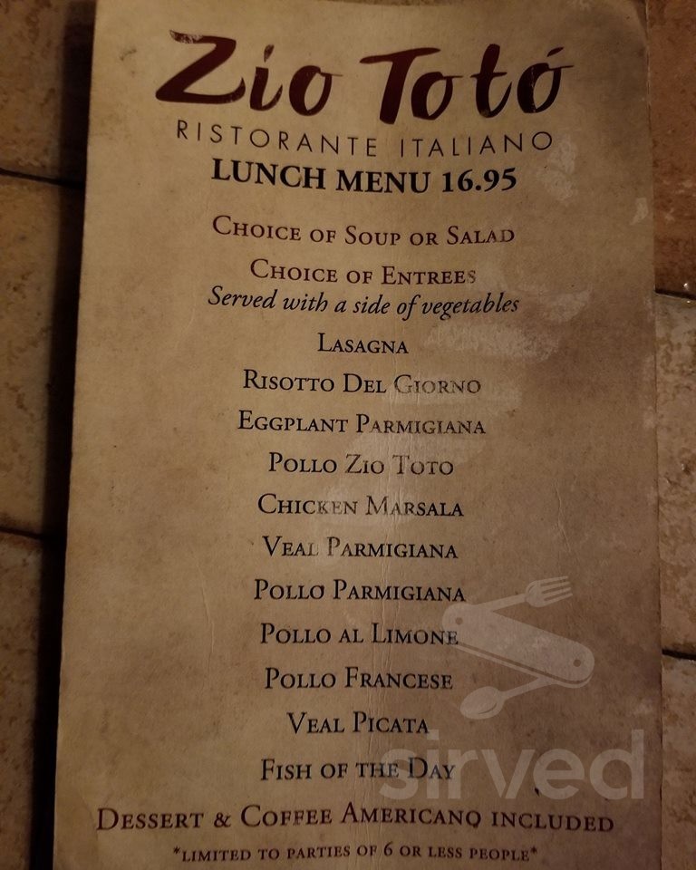 Zio Toto menu in Brooklyn, New York, USA