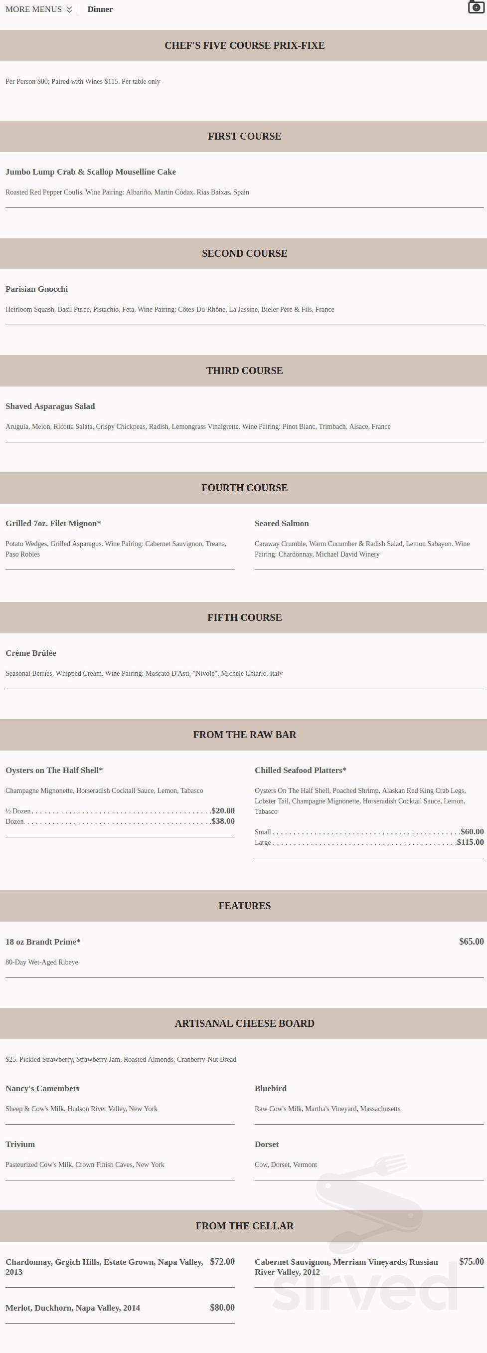 Top of the Hub menu in Boston, Massachusetts, USA