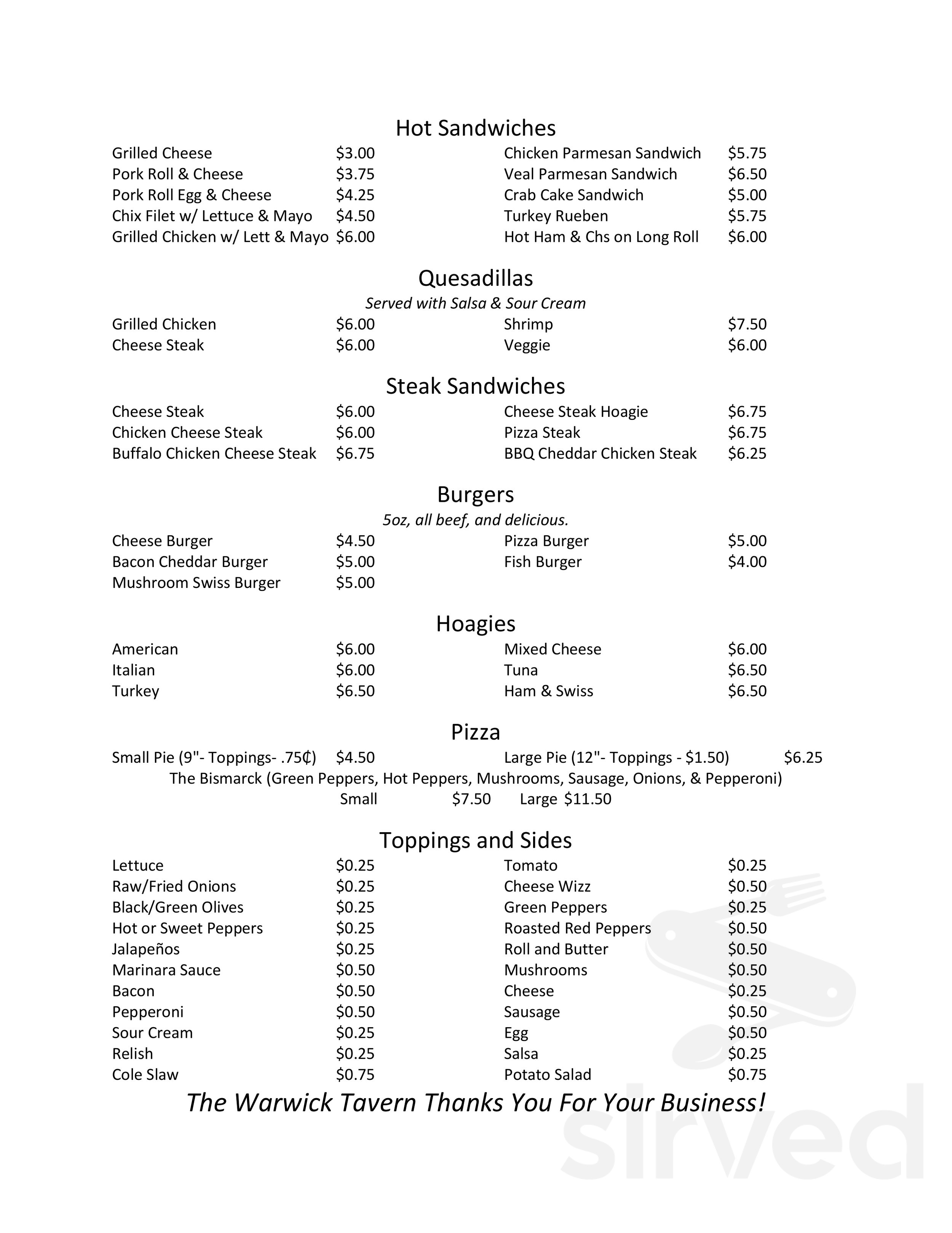 Warwick Tavern Inc menus in Jamison, Pennsylvania, United States