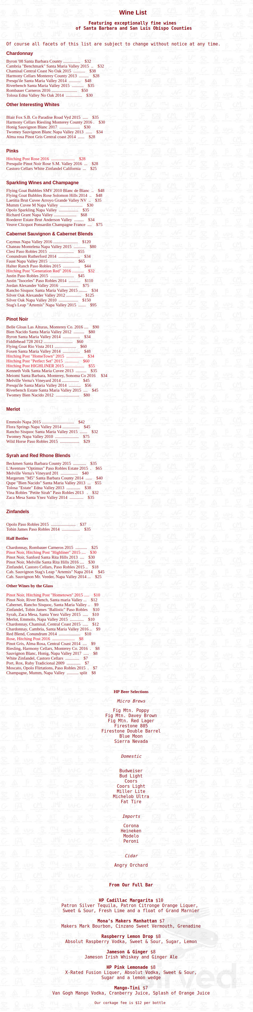 Hitching Post menu in Casmalia, California, USA Hitching Post menu in Casmalia, California, USA