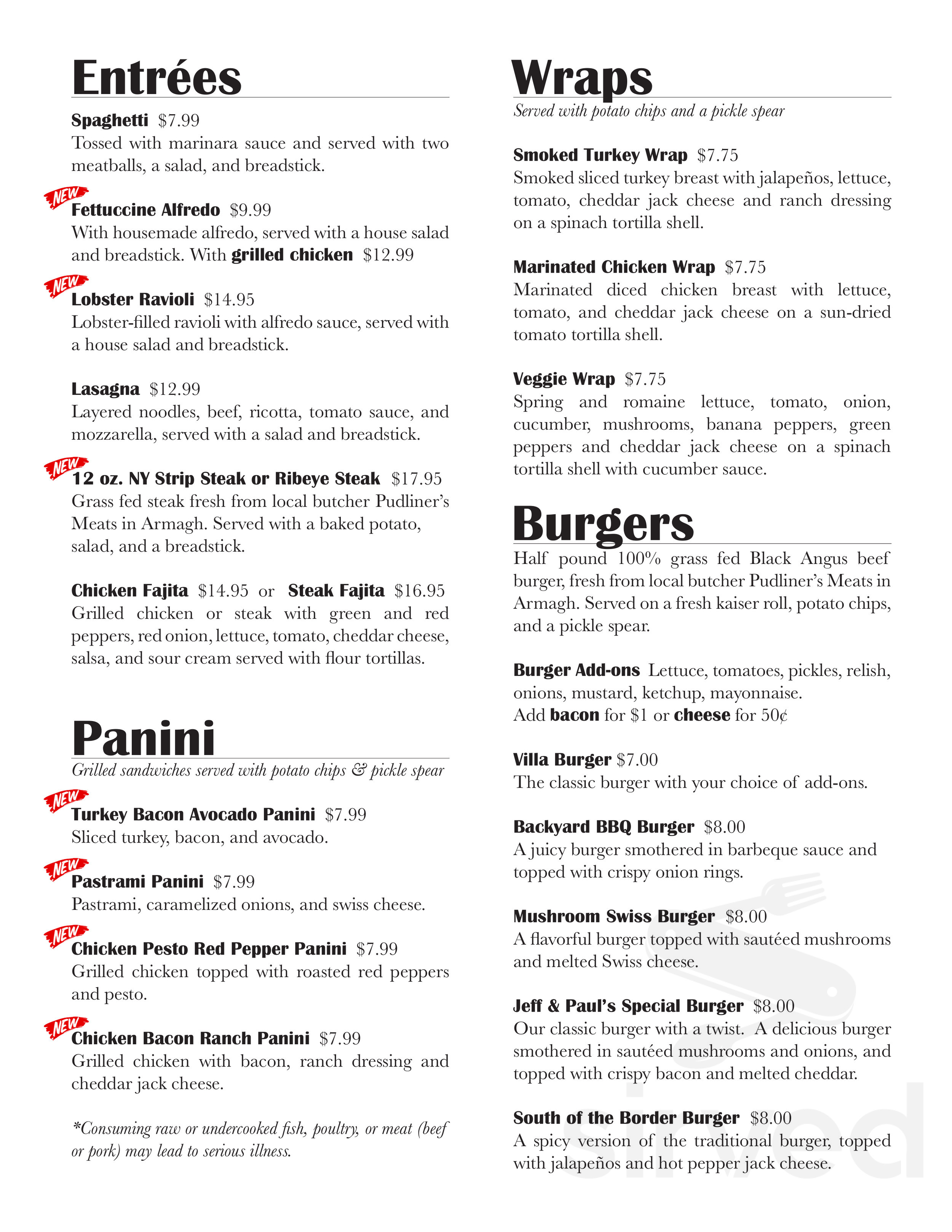 Villa Pub & Grill menus in Blairsville, Pennsylvania, United States