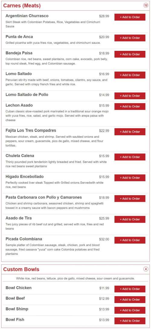 Ricarena Latin grill menu in Margate, Florida, USA