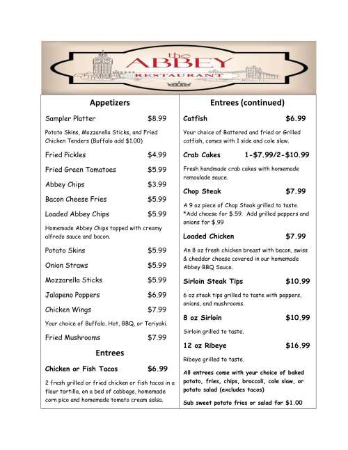 The Abbey Restaurant menu in London, Kentucky, USA