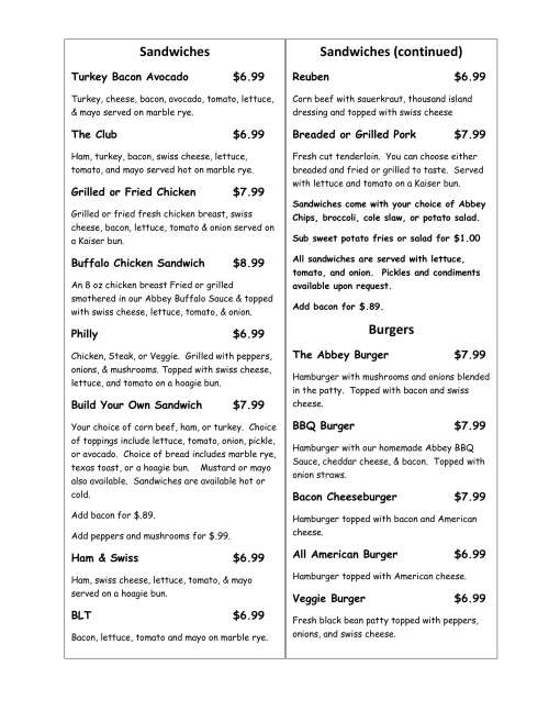 The Abbey Restaurant menu in London, Kentucky, USA