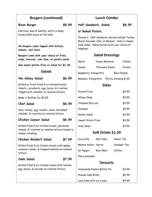 The Abbey Restaurant menu in London, Kentucky, USA