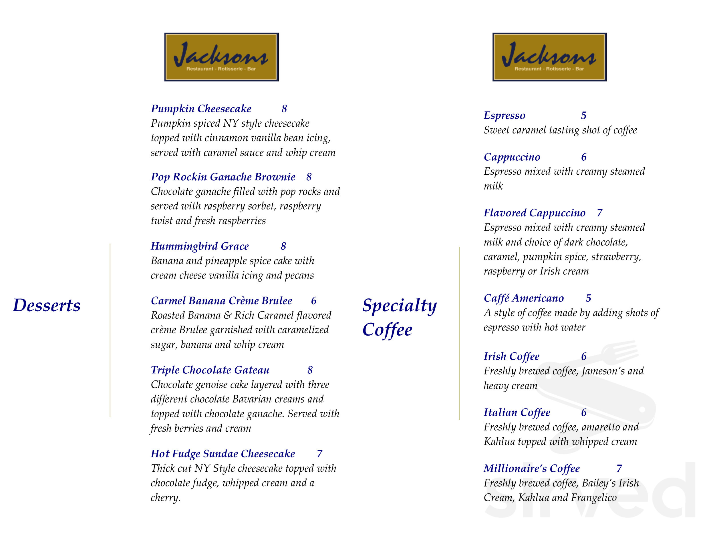 Jacksons Restaurant Rotisserie Bar menu in Moon Twp, Pennsylvania, USA