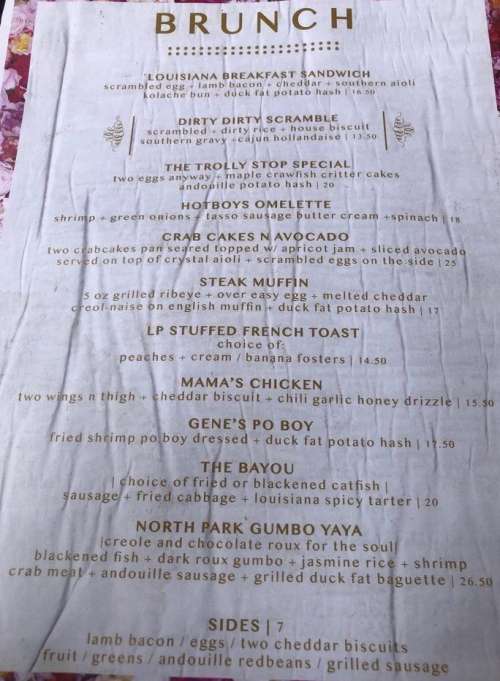 Louisiana Purchase menu in San Diego, California, USA