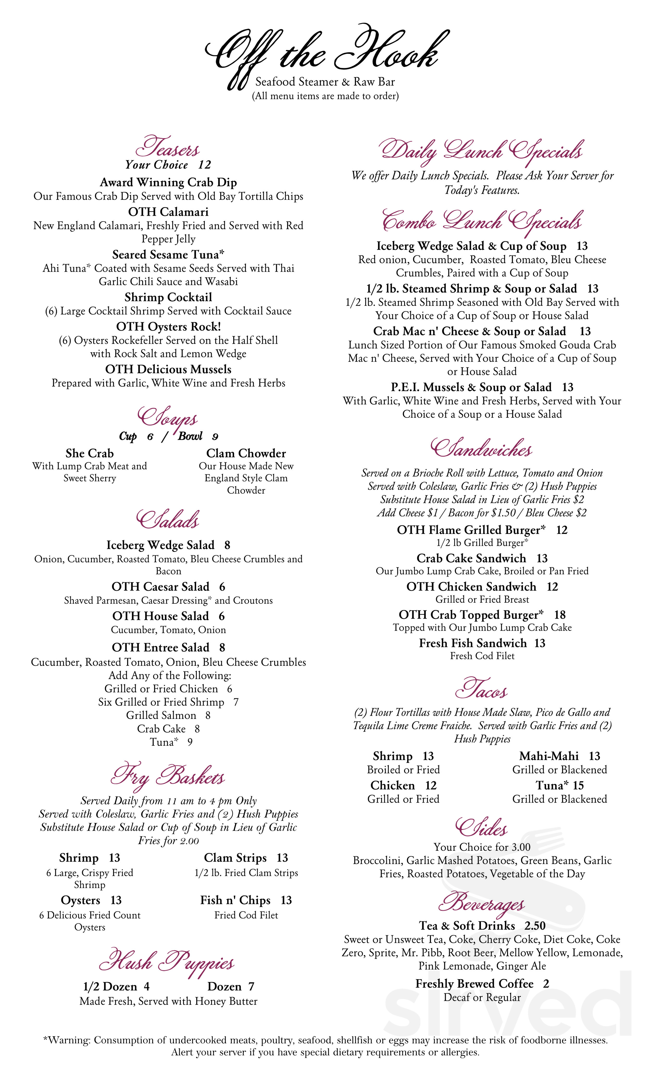 Menu - Chesapeake VA's Off The Hook Seafood Restaurant | Sirved