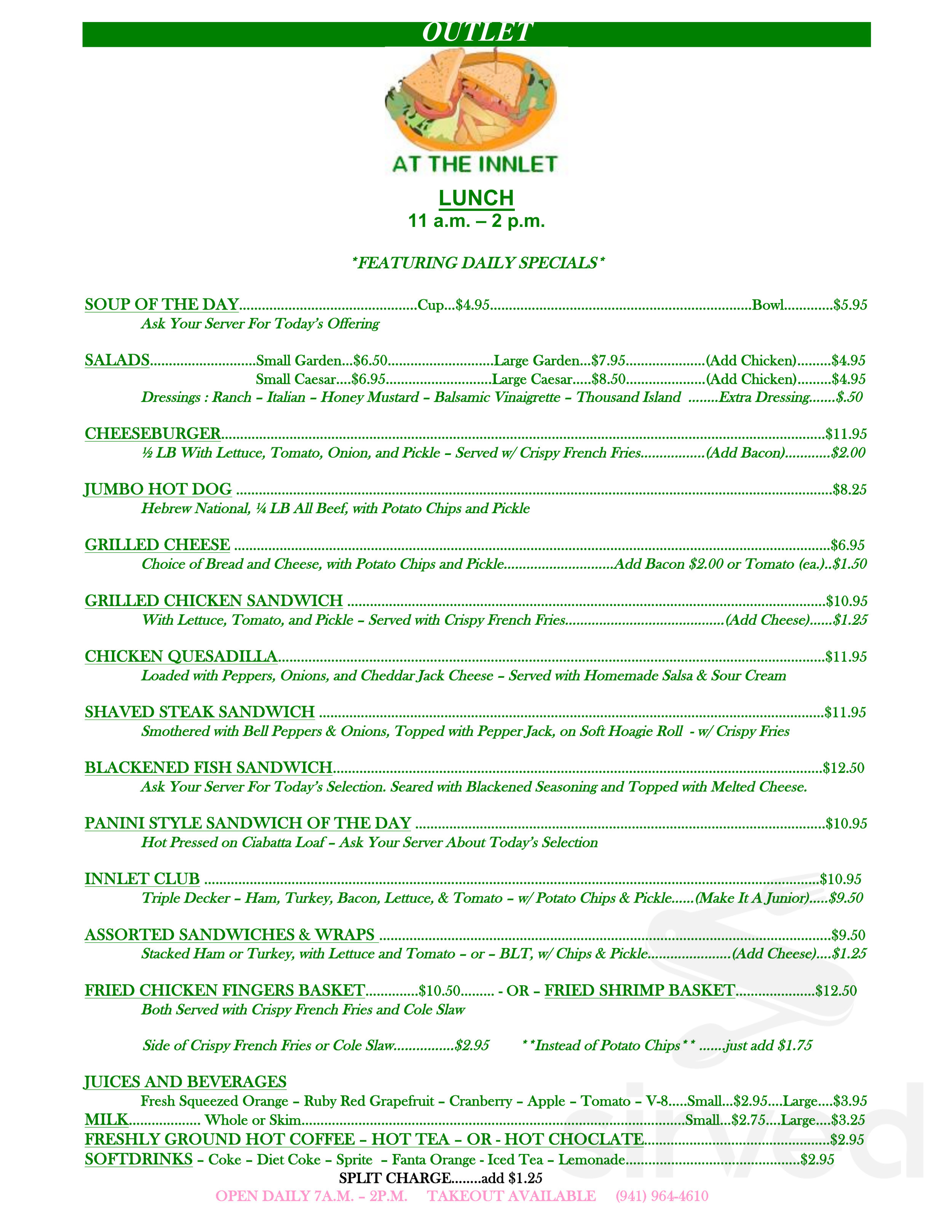 Menu for Outlet Restaurant in Boca Grande, FL | Sirved