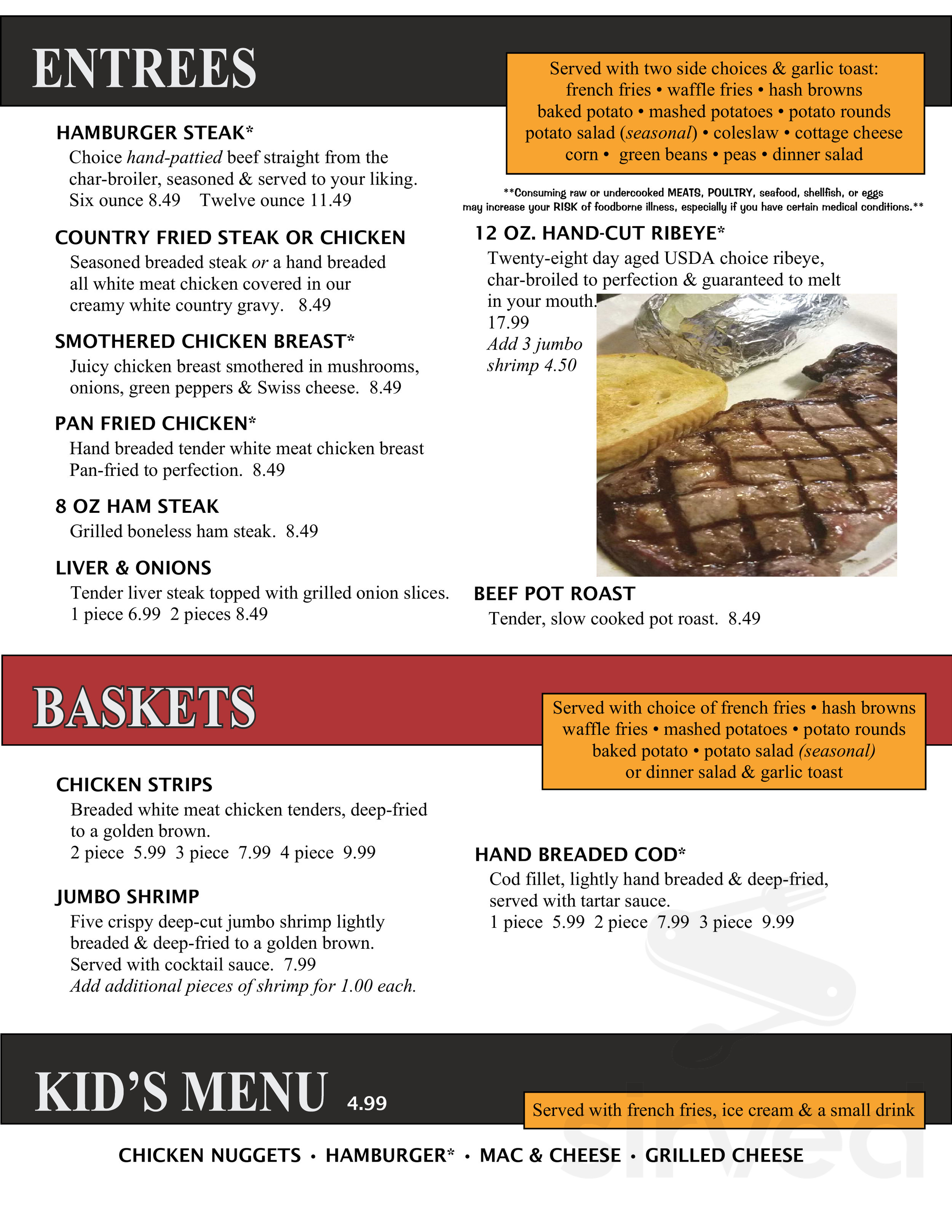 Kirby's Cafe menu in Emmetsburg, Iowa, USA
