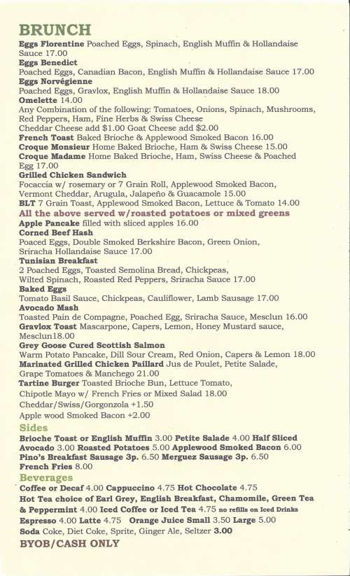 Tartine menu in New York, New York, USA