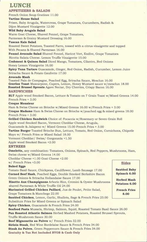 Tartine menu in New York, New York, USA