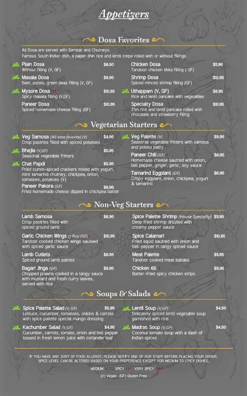 The Spice Palette menu in New London, Connecticut, USA