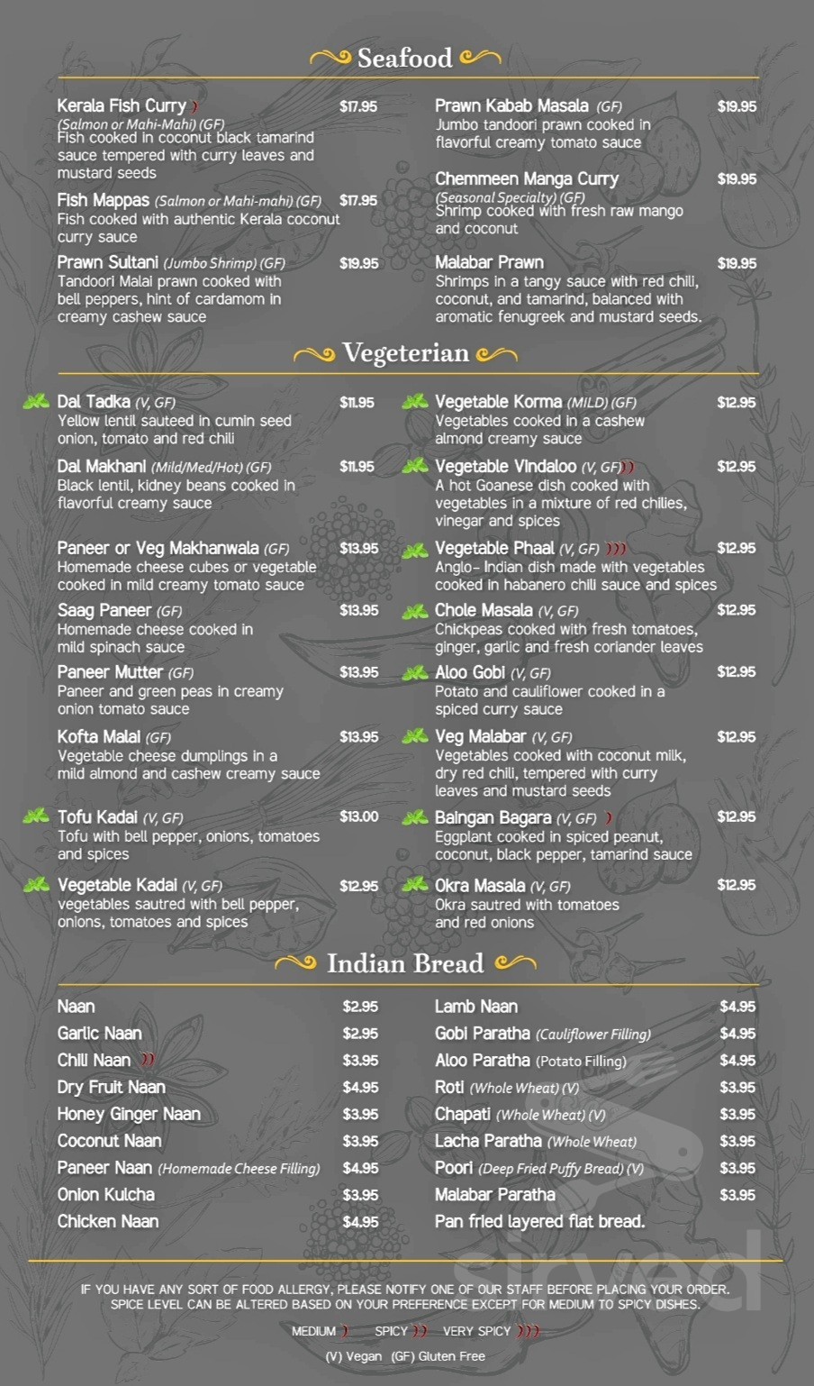 The Spice Palette menu in New London, Connecticut, USA