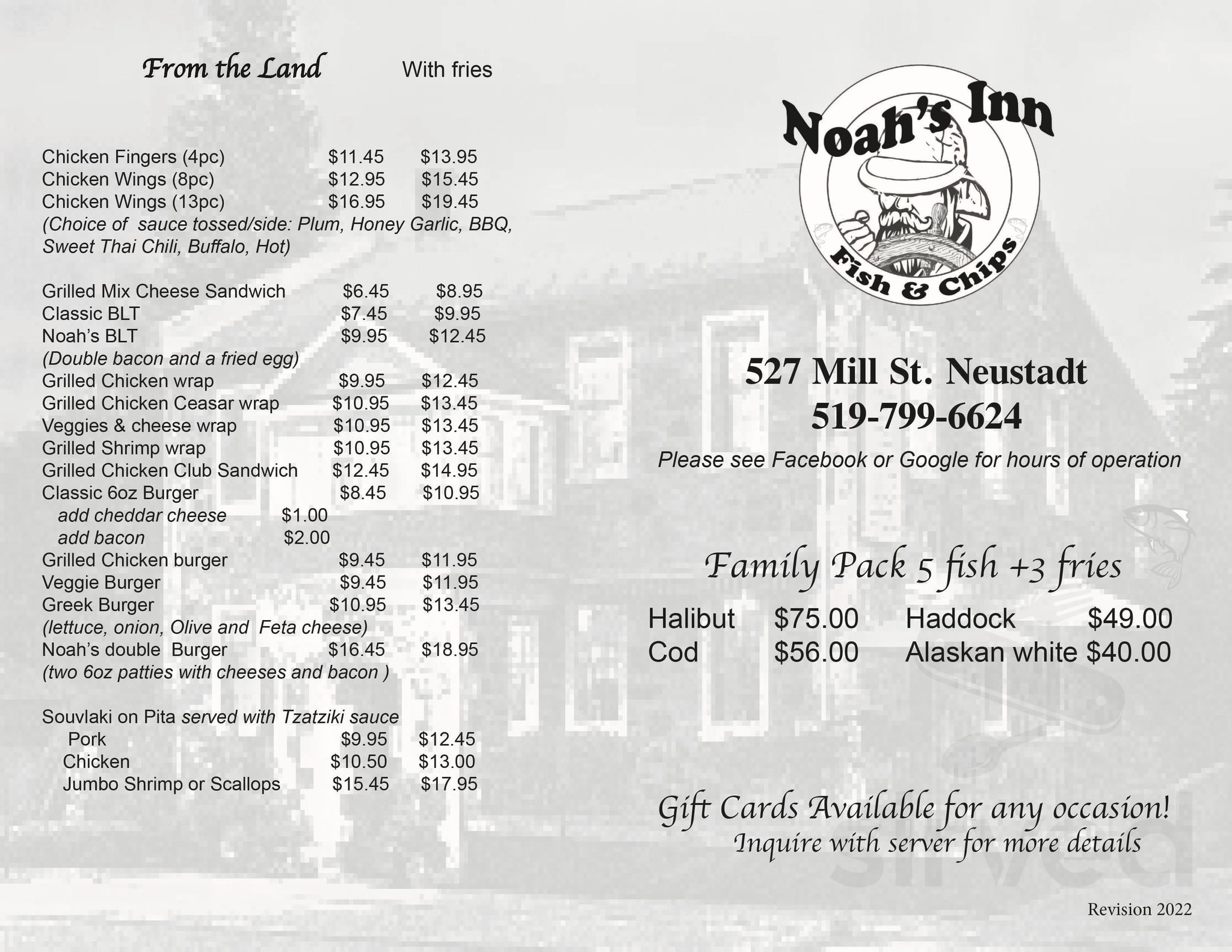 Noah's Inn Fish & Chips menus in Neustadt, Ontario, Canada