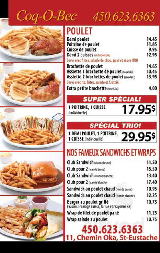 Coq-O-Bec menus in Saint-Eustache, Quebec, Canada