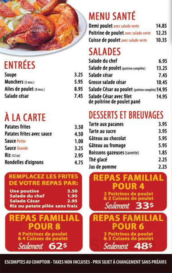 Coq-O-Bec menu in Saint-Eustache, Quebec, Canada