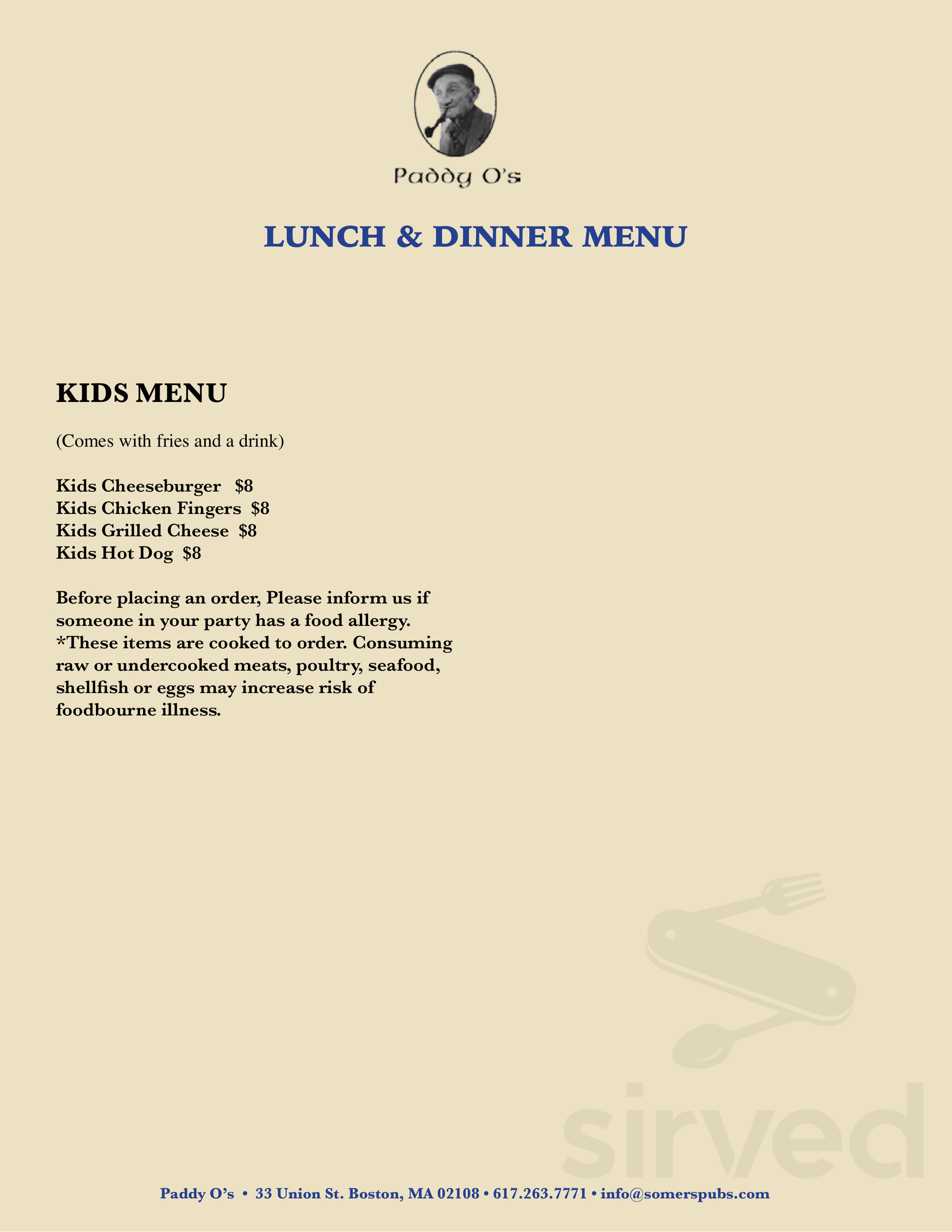Menu - Boston MA's Paddy O's | Sirved