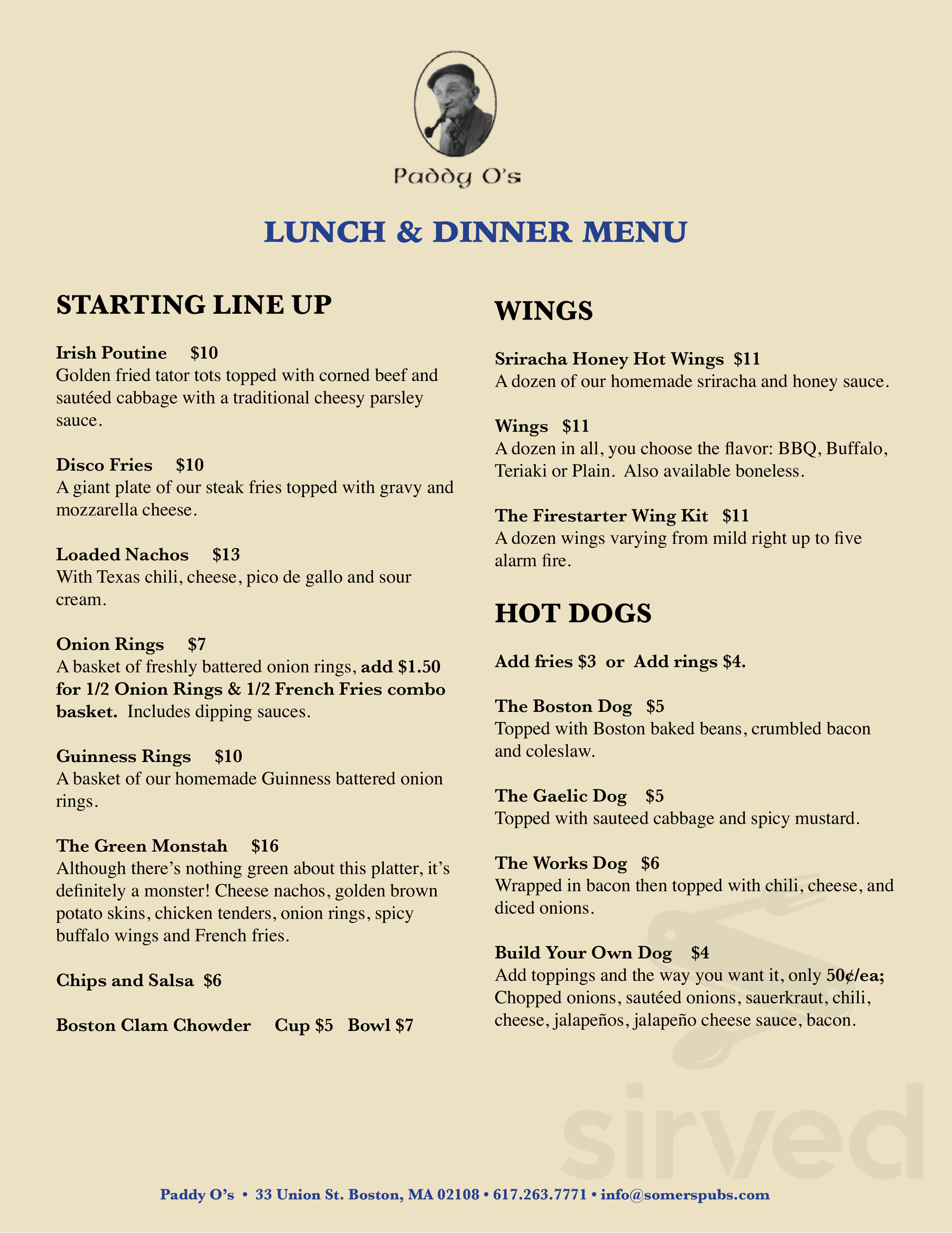 Menu - Boston MA's Paddy O's | Sirved
