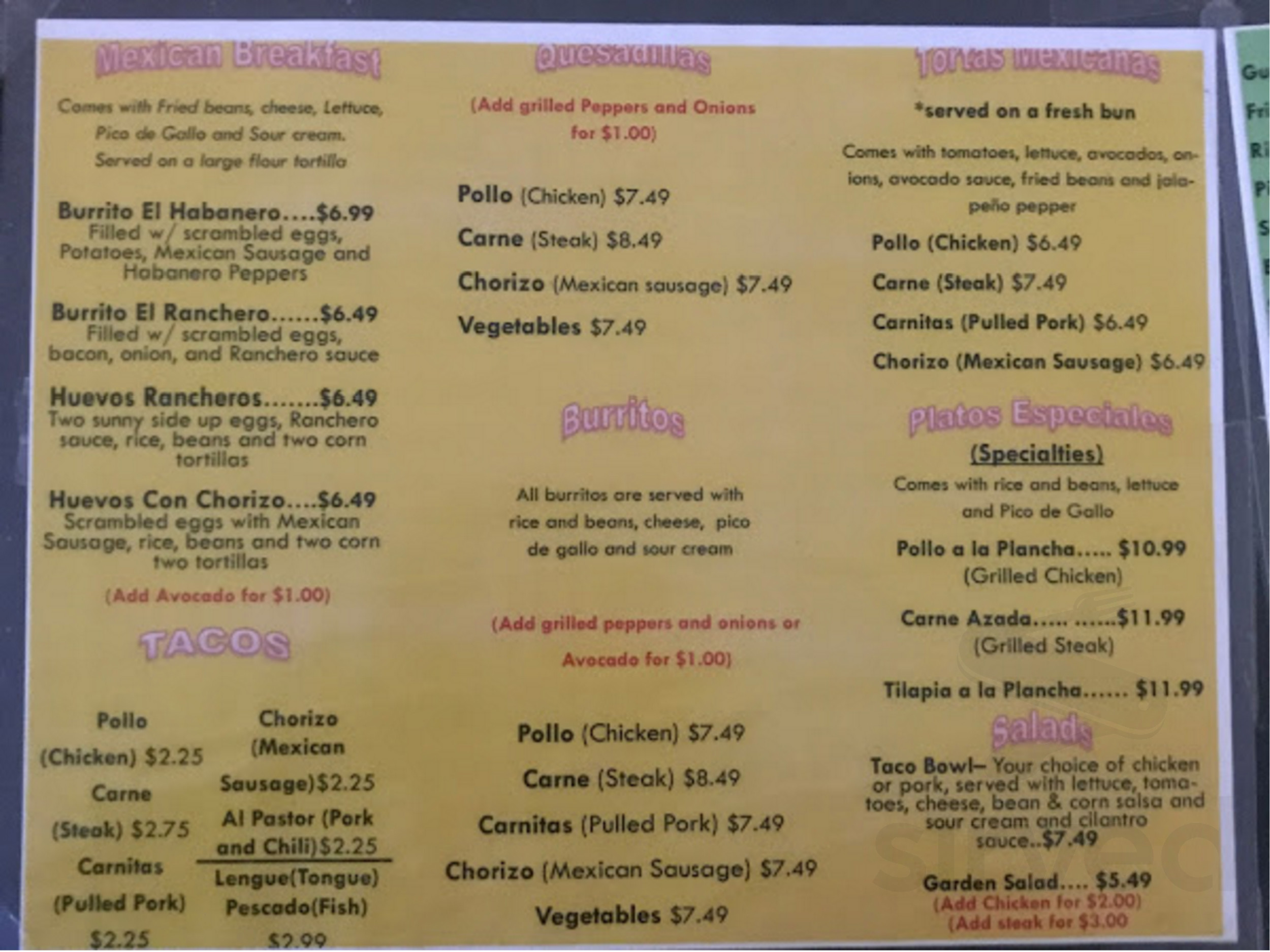 Taqueria El Habanero menu in Fall River, Massachusetts, USA