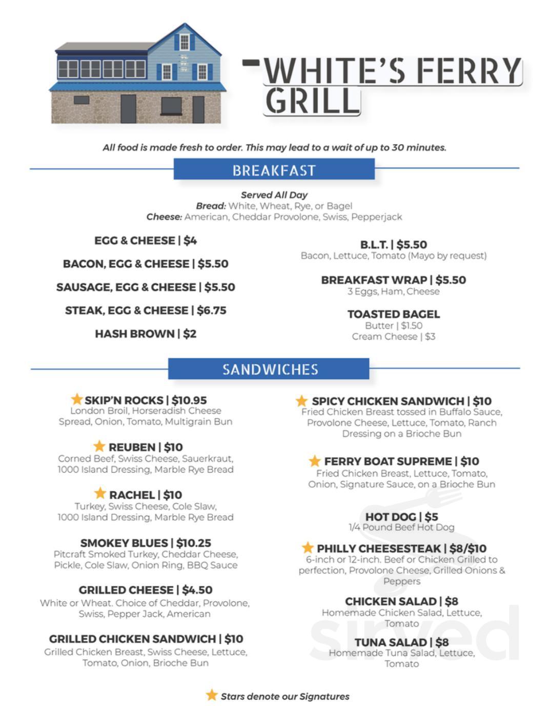 Menu - Dickerson MD's White's Ferry Store & Grill | Sirved