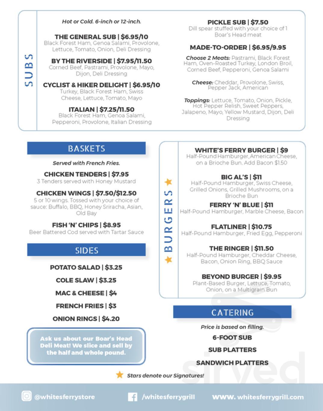 Menu - Dickerson MD's White's Ferry Store & Grill | Sirved