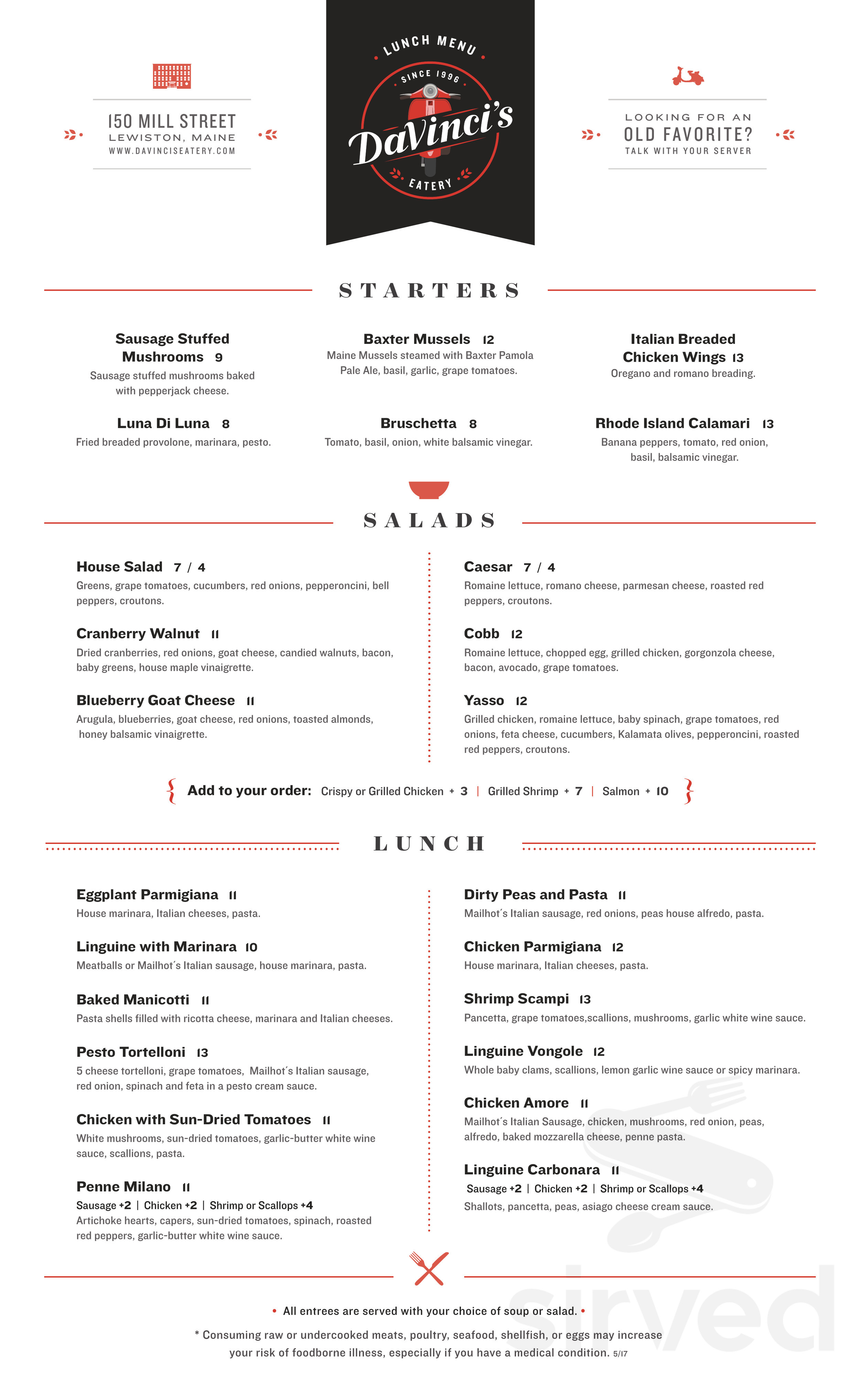 Davinci's Eatery menu in Lewiston, Maine, USA
