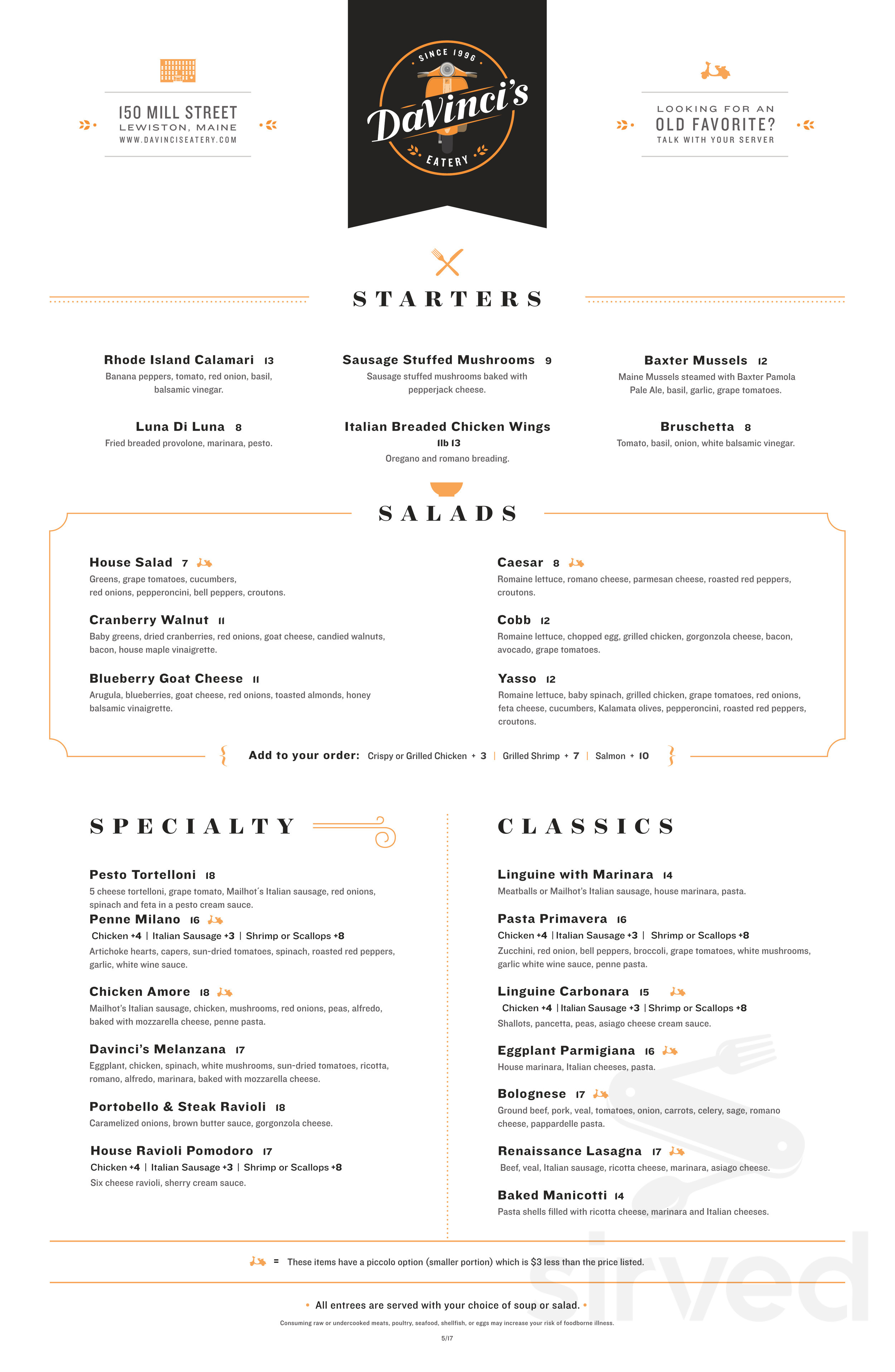Davinci's Eatery menus in Lewiston, Maine, United States