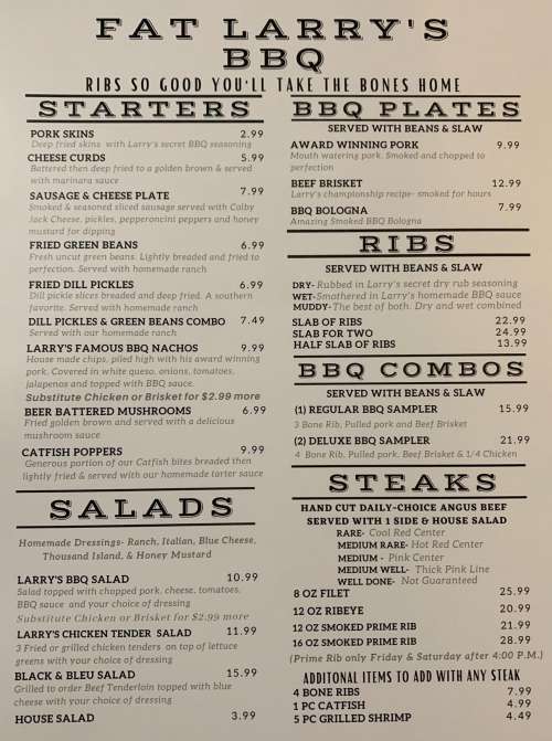 Fat Larry's menu in Bartlett, Tennessee, USA