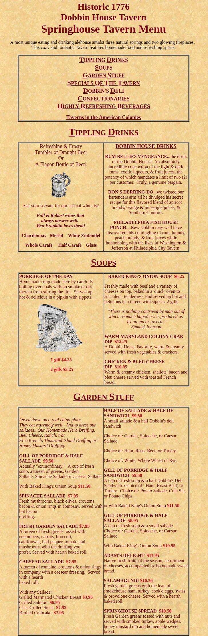 Menu for Dobbin House Tavern in Gettysburg, PA | Sirved