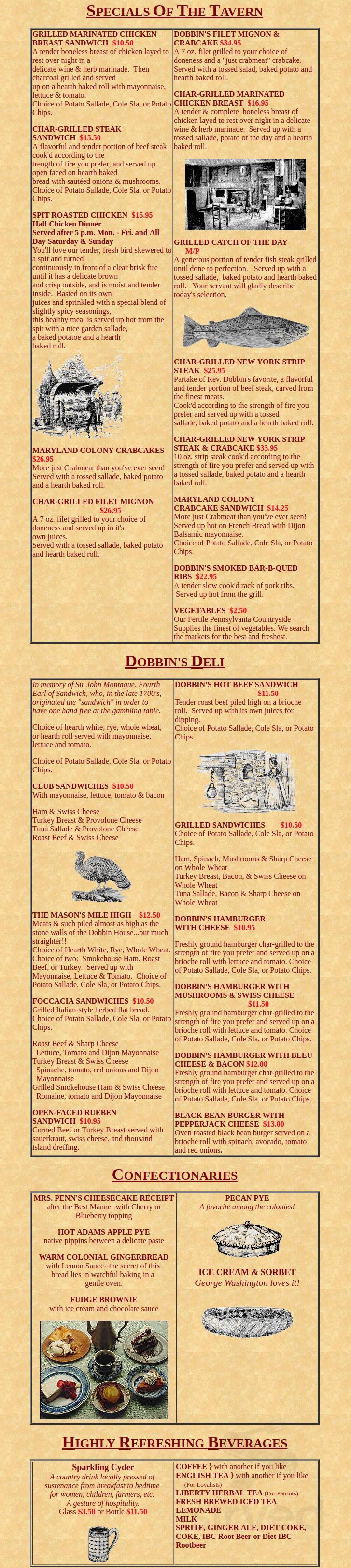 Dobbin House Tavern menu in Gettysburg, Pennsylvania, USA