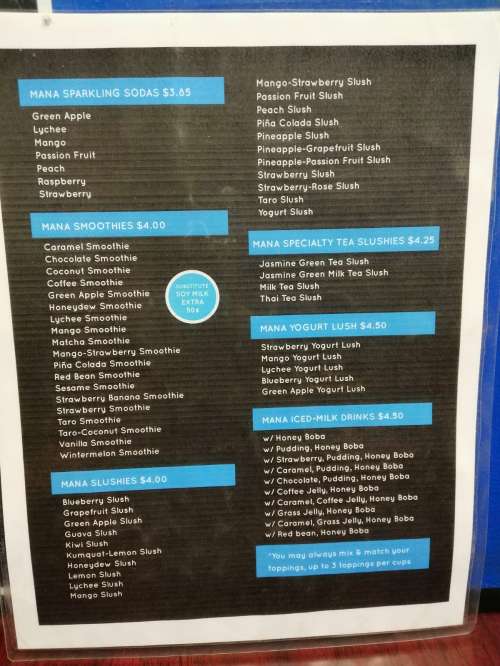 Mana Tea House menu in El Monte, California, USA