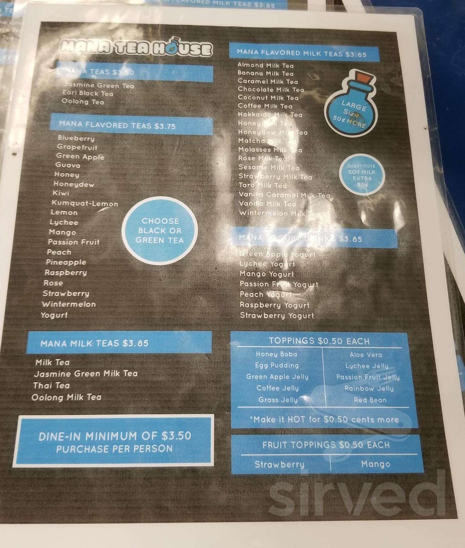 Mana Tea House menu in El Monte, California, USA